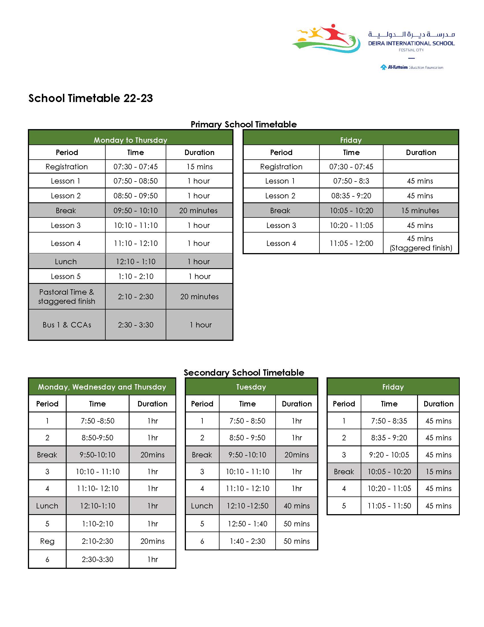 School Timings | Deira International School